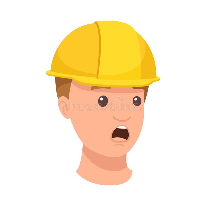Shocked Man Builder Character Head in Yellow Hard Hat and Amazed Face ...