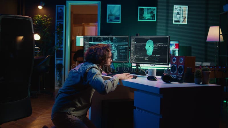 Shocked Man Falls from Chair in Disbelief after Awakening AI Using VR Technology Stock Footage ...