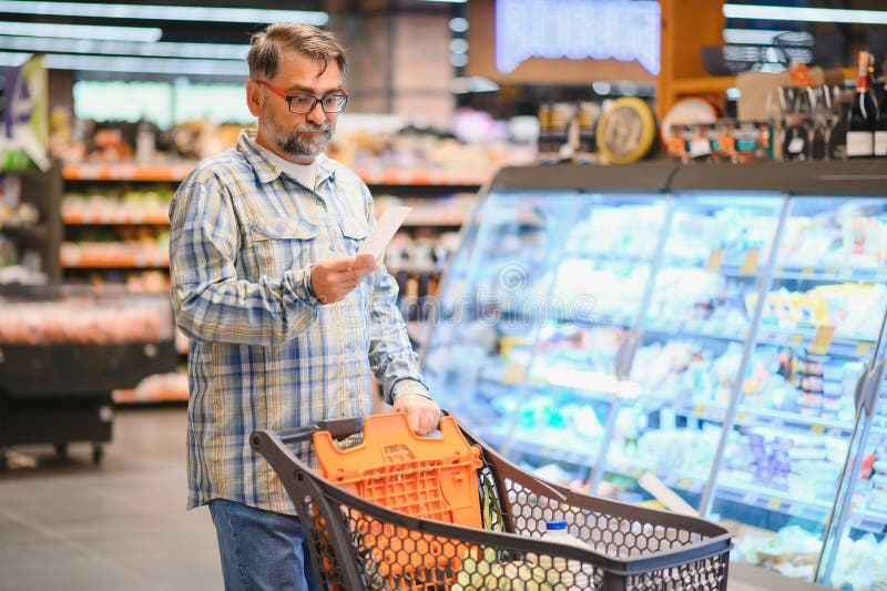 Shocked Man Looking at Fiscal Receipt in Grocery Store Stock Image ...