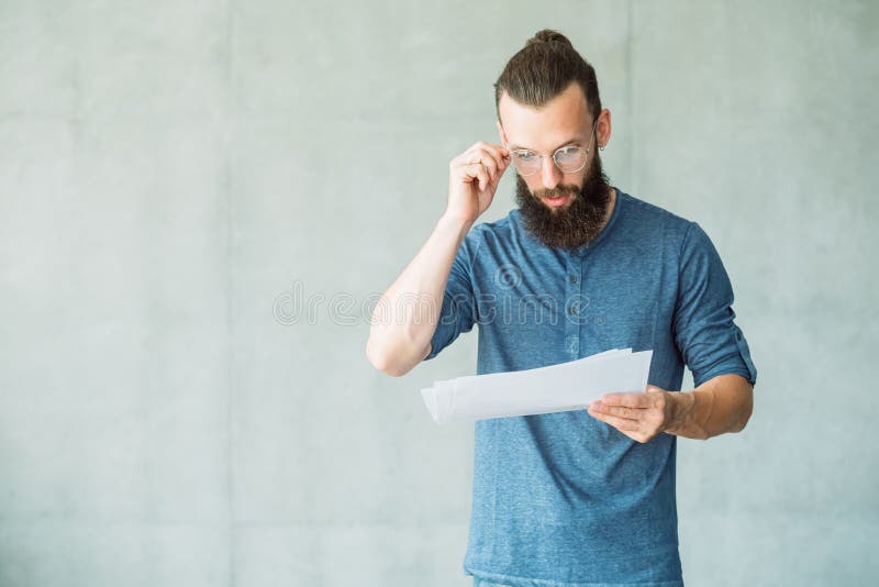 Man Reading Script Papers Focused Screen Writer Stock Photo - Image of ...