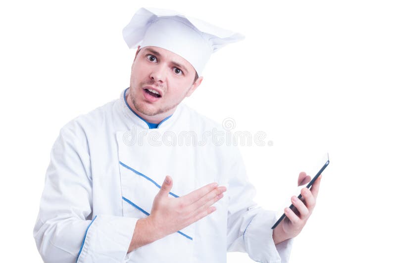 Shocked and Outraged Chef or Cook Holding a Tablet Stock Photo - Image ...