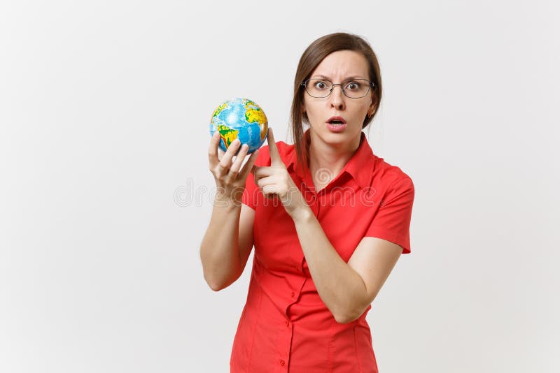Shocked Sad Business Or Teacher Woman In Red Shirt Holding In Palms