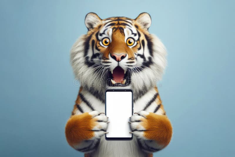 Shocked Tiger with Bulging Eyes Holding Smartphone with White Mockup ...