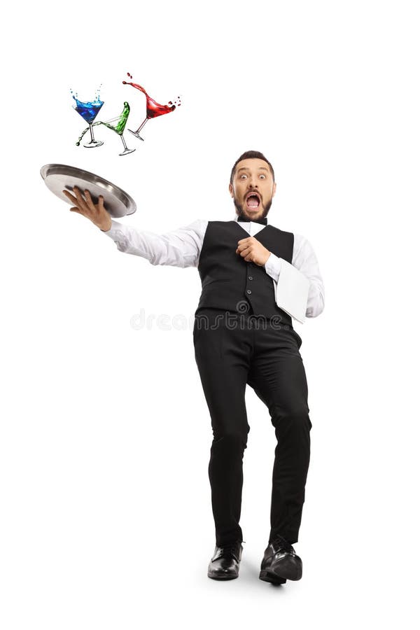 Shocked Waiter with Cocktails on a Tray Falling Stock Photo - Image of ...