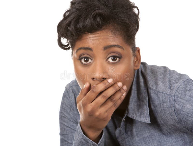 Scared black woman. stock image. Image of female, gesture - 89348697