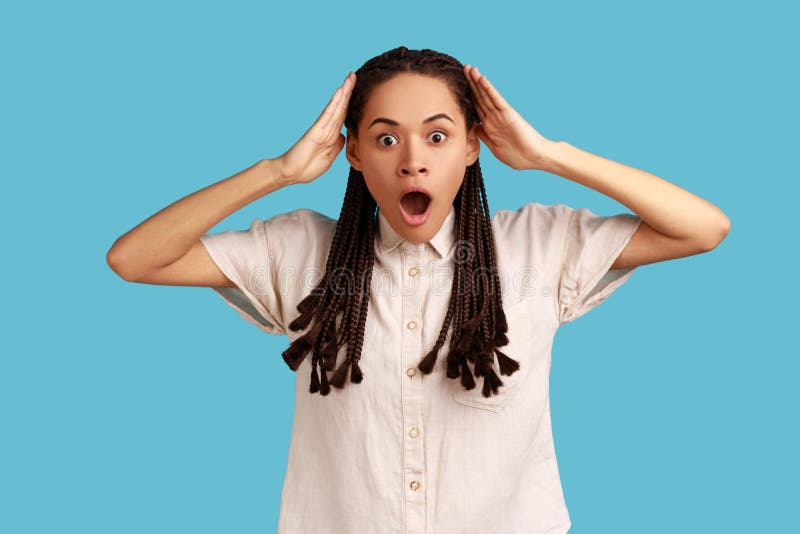Shocked Woman Reacts on Something Astonishing, Raises Hands, Hears ... Shocked Woman Reacts on Something Astonishing, Raises Hands, Hears ...