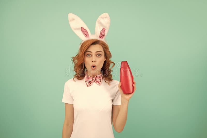 Shocked Woman in Easter Bunny Ears with Shampoo Stock Photo - Image of ...
