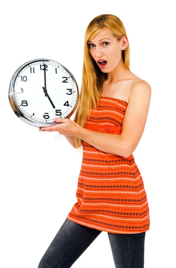 Shocked Woman Holding Clock Stock Photo - Image of isolated, clock ...