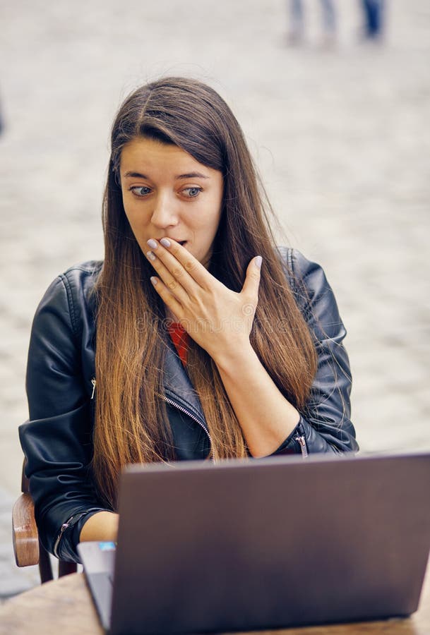 Young Woman Sit Down on Wood Table Working on Computer Stock Image ...