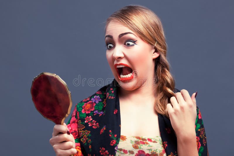 Shocked Woman in a with Mirror Stock Image - Image of attractive ...