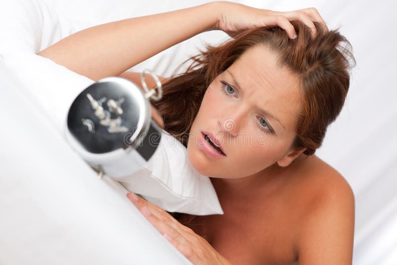 Shocked Woman Watching Alarm Clock Stock Image - Image of white, young ...