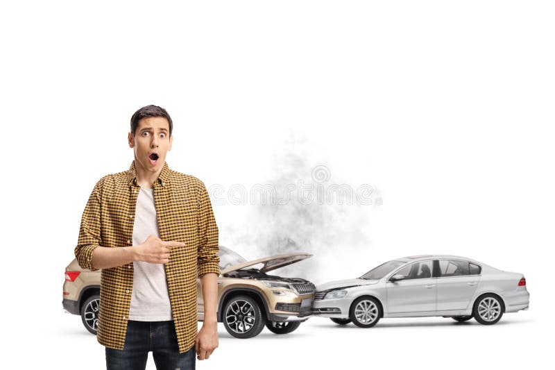 Shocked Young Man Pointing at Car Collision Stock Image - Image of ...
