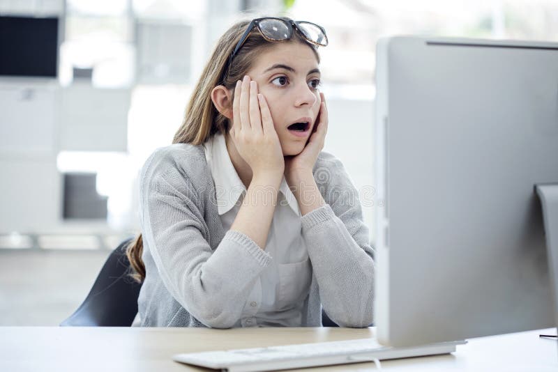 Shocked Young Woman Looking at Computer Stock Image - Image of girl ...