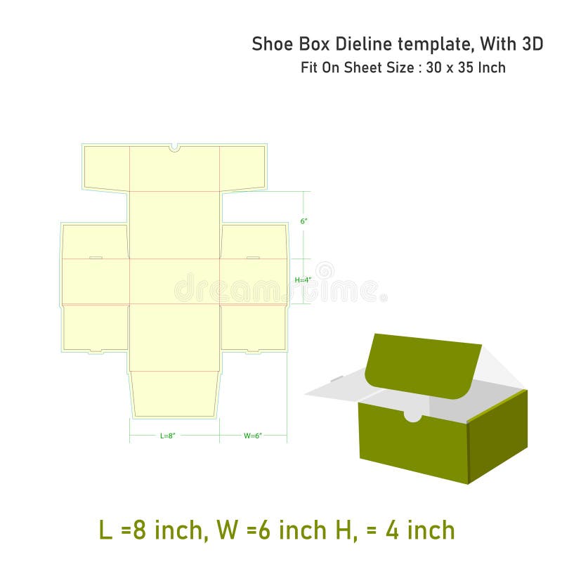 Shoe Box Dieline Template, with 3D 8x6x4 Inch, Vector File Stock Vector ...
