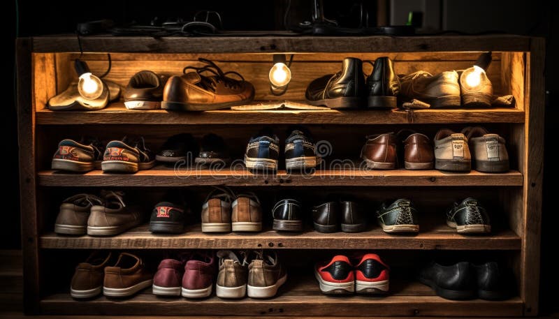 Shoe Collection on Wooden Shelf, Leather Variations Generated by AI ...