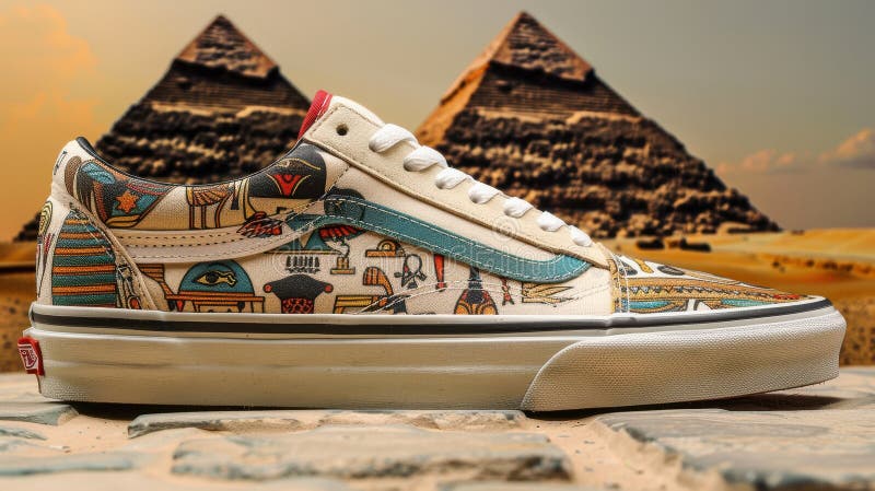 Shoe with Designs Inspired Egypt Pyramids in Sunset Scene Generative AI ...