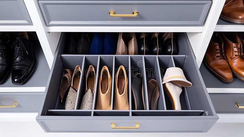 A Shoe Drawer with a Pair of Brown Shoes on the Right Stock Photo ...
