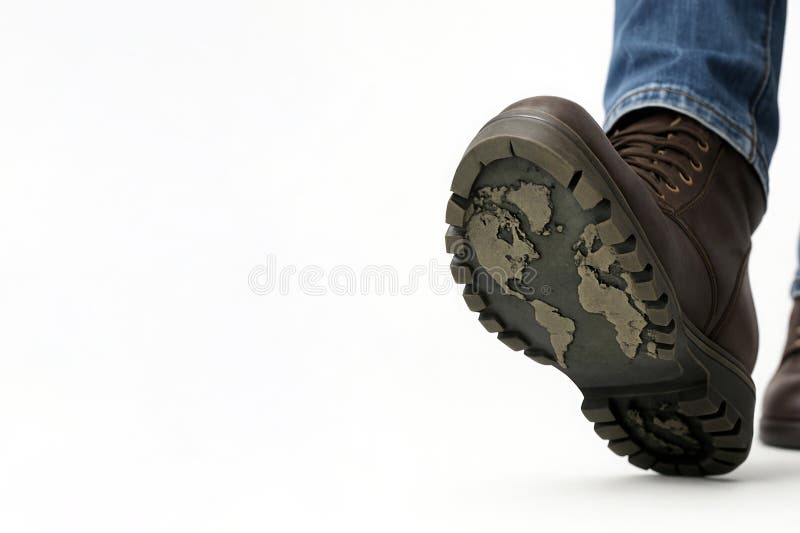 Shoe Footprint with a World Map Imprint on a White Background. Space ...
