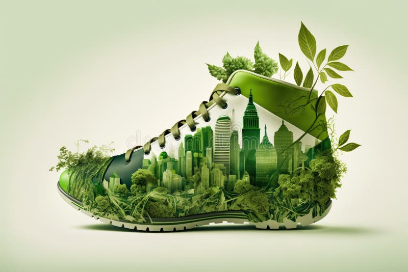 Shoe with Greenery and City Carbon Footprint Concept, Created with ... Shoe with Greenery and City Carbon Footprint Concept, Created with ...