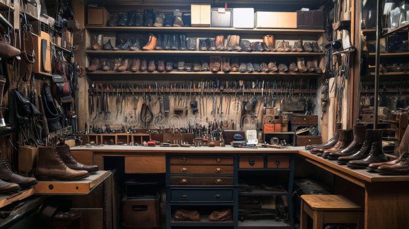 A Shoe Repair Shop Filled with Tools and Boots Stock Illustration ...