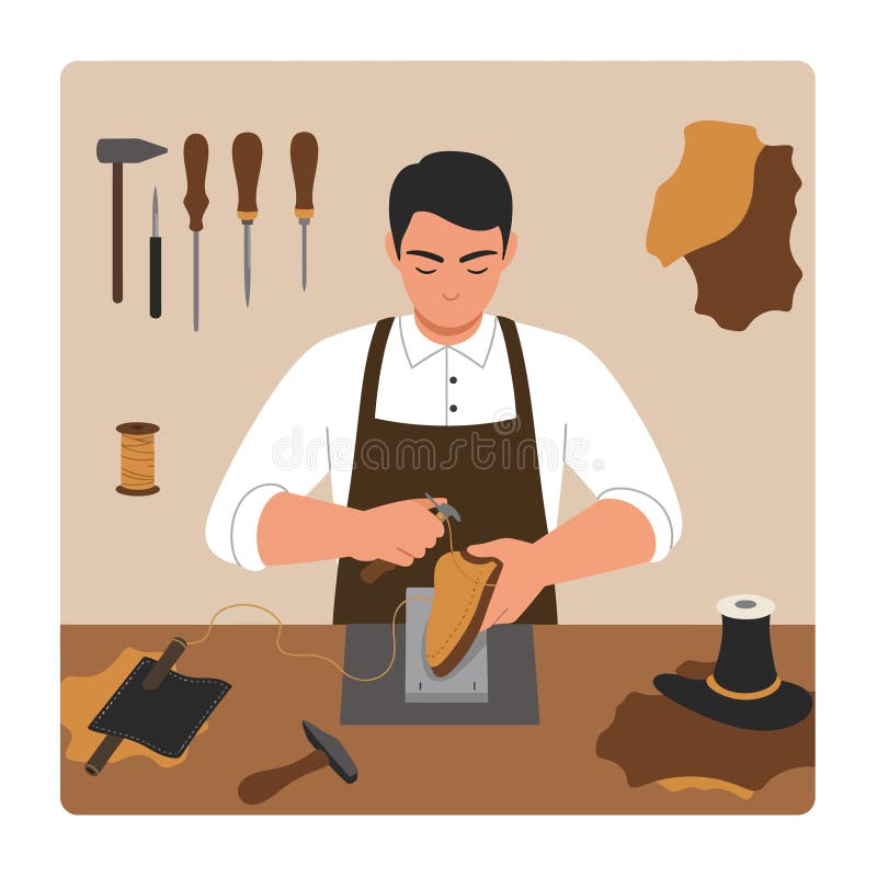 Shoemaker Crafting Leather Shoes with Tools and Apron in Workshop ...
