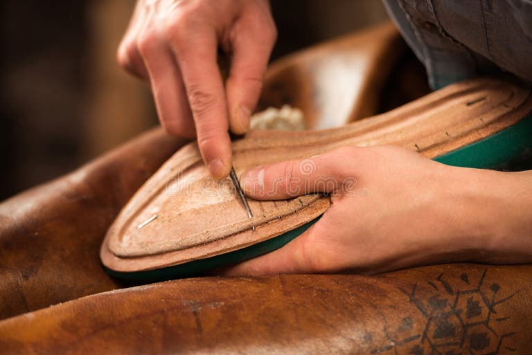 Shoemaker Sitting in Workshop Making Shoes Stock Photo - Image of ...