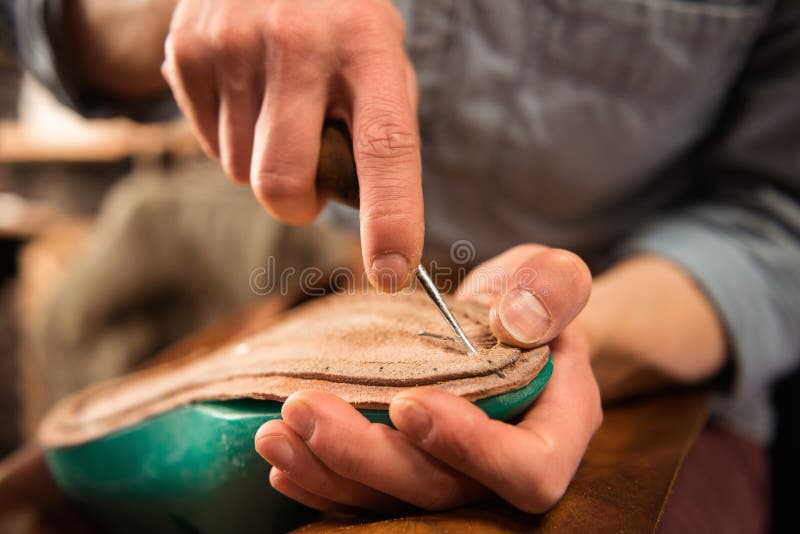 Shoemaker Sitting in Workshop Making Shoes Stock Image - Image of ...