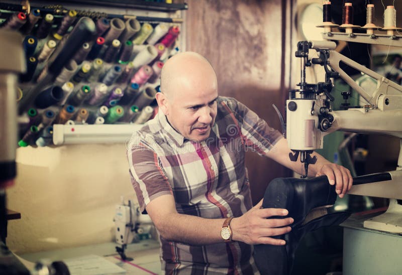 Shoemaker Stitching Footwear on Machine Stock Image - Image of adult ...