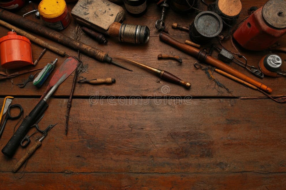 Shoemaker Tools Laying on Wooden Tabletop with Copy Space Stock ...