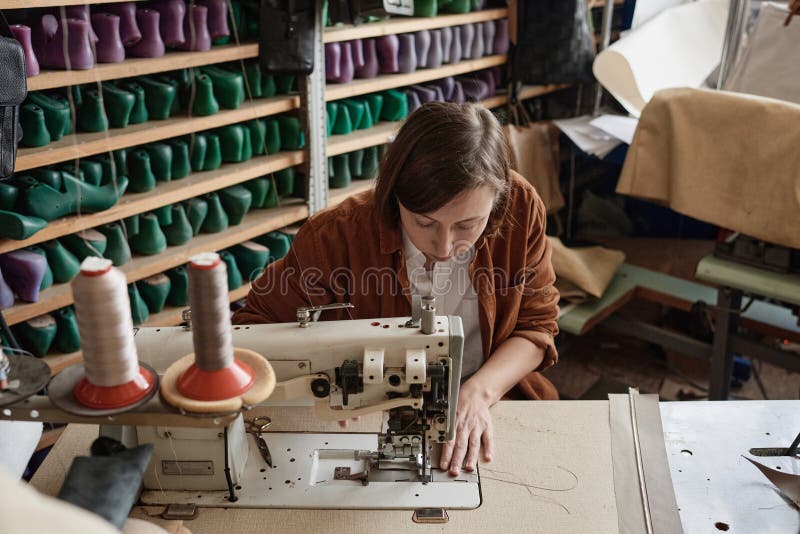 Shoemaker Using Sewing Machine in Her Work Stock Photo - Image of ...