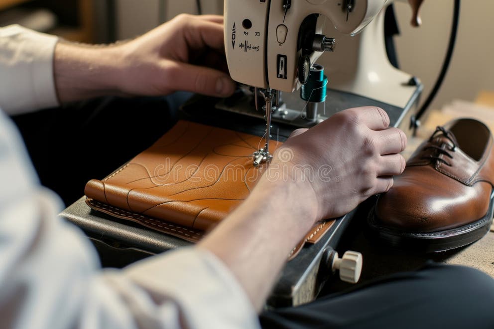 Shoemaker Using a Sewing Machine on Leather Stock Illustration ...