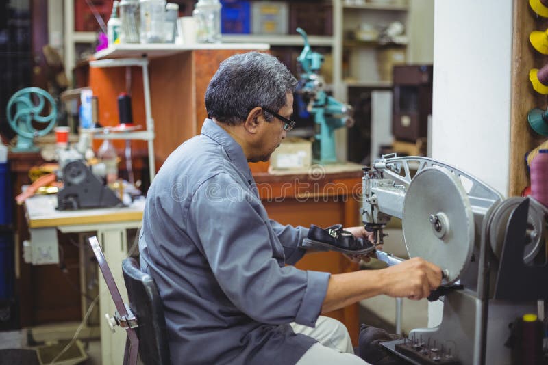 Shoemaker Using Sewing Machine Stock Image - Image of footwear ...