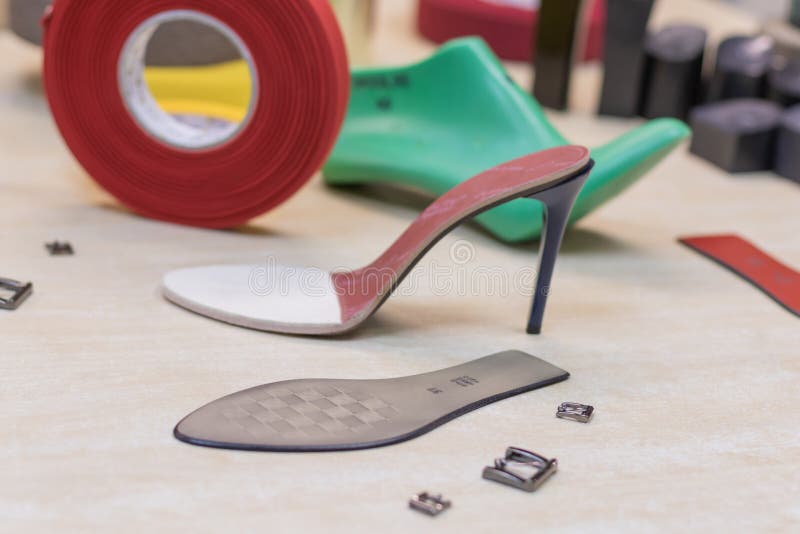 Shoemaker Workplace with Materials for Shoe Making, Heel, Sole and Shoe ...