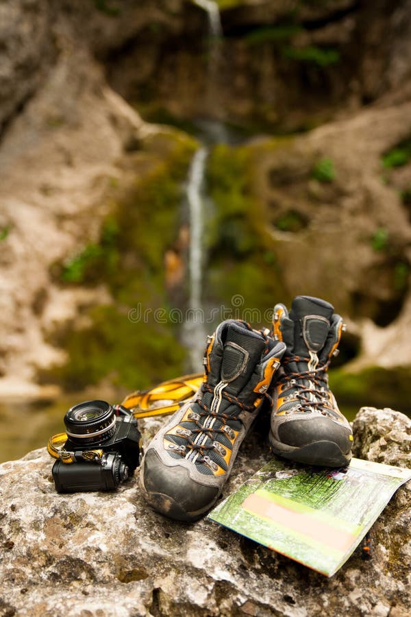 Shoes Camera and Map Trekking Accessories Stock Image - Image of ...