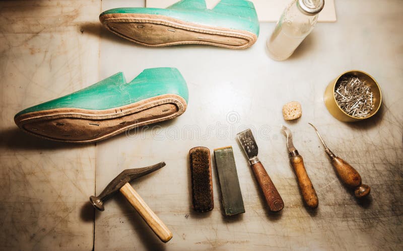 Shoes and Instruments on Table at Footwear Workshop. Stock Image ...