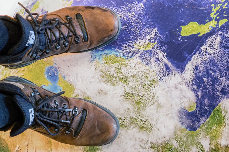 Shoes on the map stock image. Image of sphere, walk, planet - 83326475