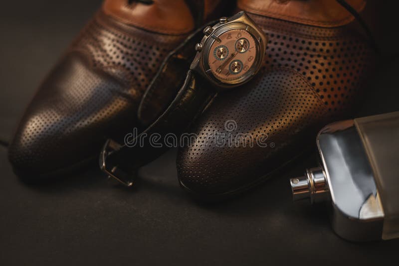 Shoes with Watch and Perfume Stock Photo - Image of design, gentleman ...