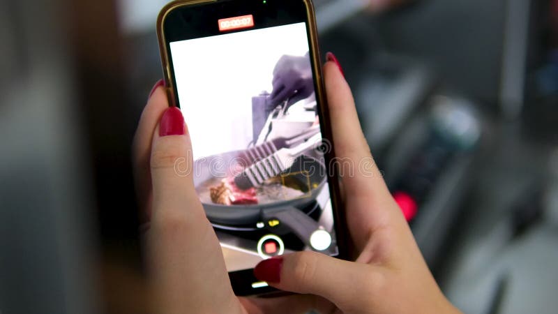 Shoot a Block on a Mobile Phone. Fresh Beef Meat for Cooking, Cut with ...