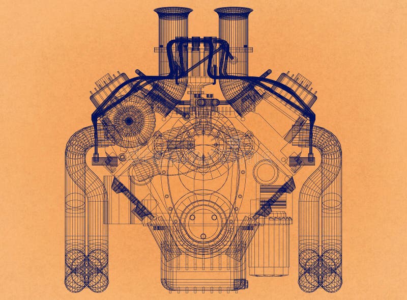 Car Engine Concept - Retro Architect Blueprint Stock Illustration ...