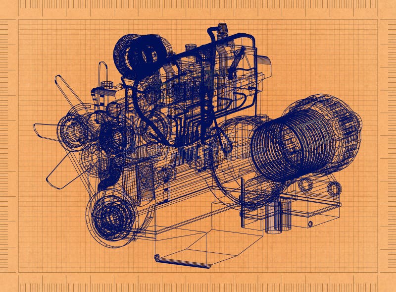 Car Engine - Retro Blueprint Stock Illustration - Illustration of ...