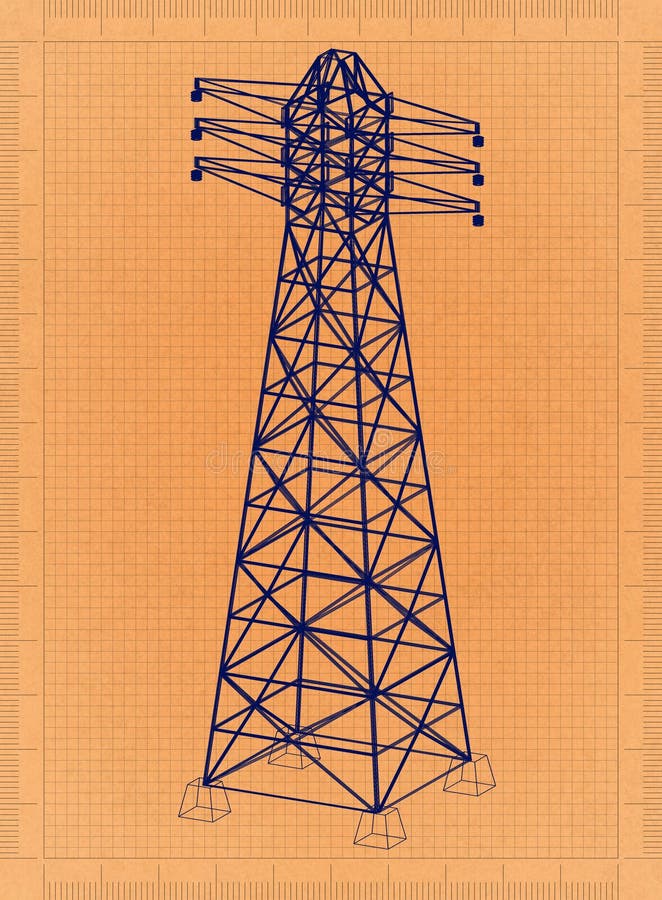 Power Line Tower - Retro Blueprint Stock Illustration - Illustration of ...