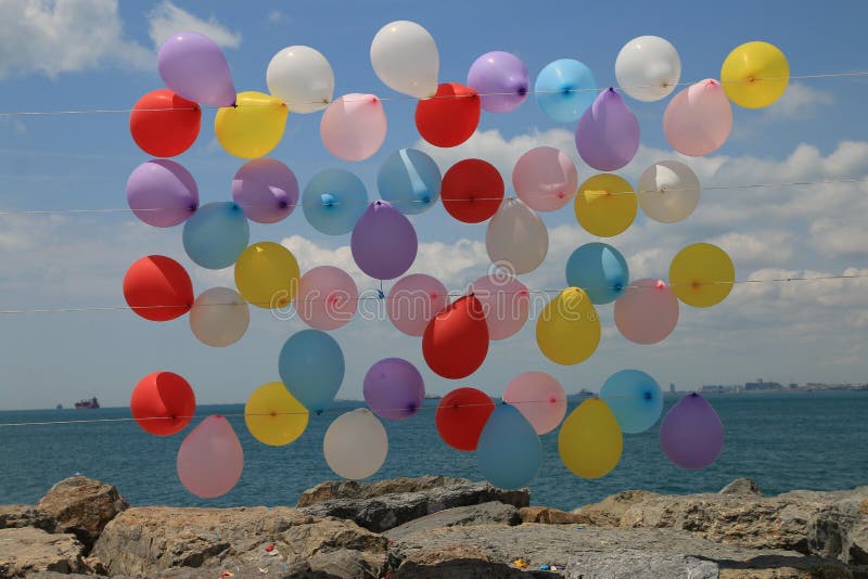 Colored balloons are bound stock image. Image of event - 118590973
