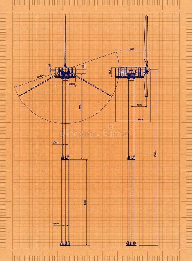 Wind Turbine - Retro Blueprint Stock Illustration - Illustration of ...