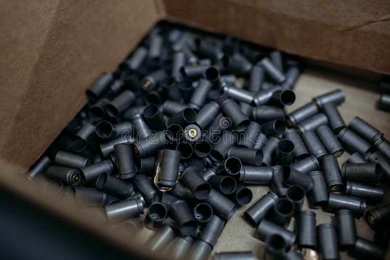 Shooting Range. a Lot of Empty Bullet Cartridgesare in the Box. Stock ...