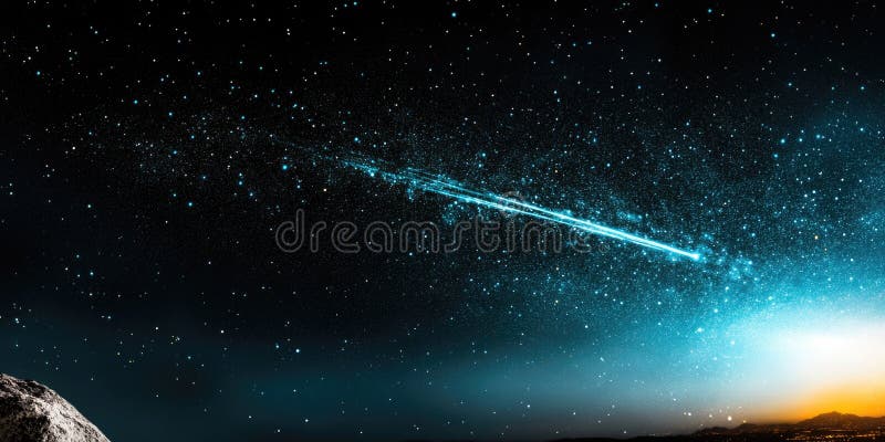 Shooting Star Streaking Across Starry Night Sky Above Horizon Stock ...