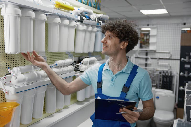 Shop Assistant Checking Filter Equipment Assortment at Plumbing Store ...