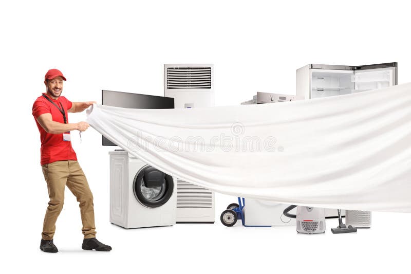 Salesman with Electrical Appliances Smiling and Pointing Up in a Store ...