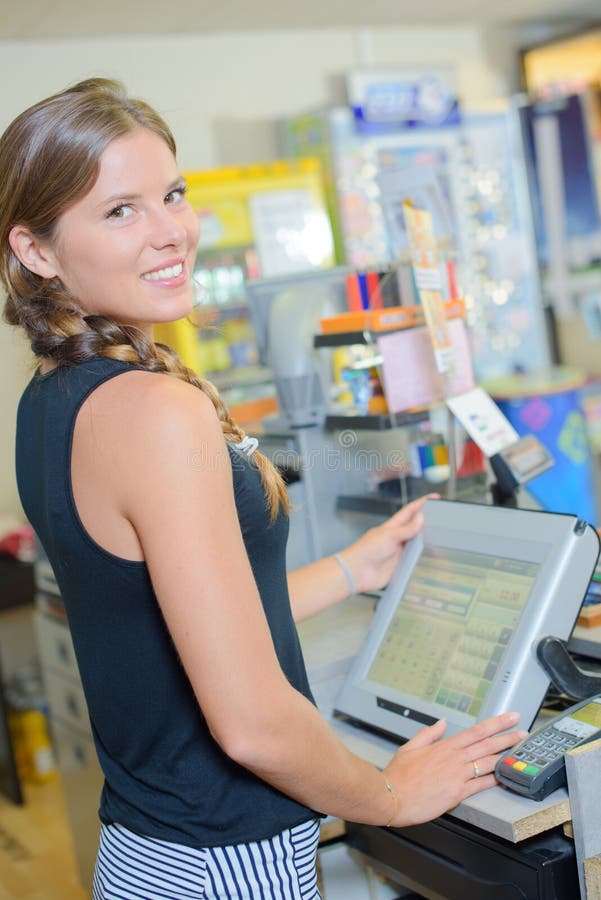 Shop Assistant Looking at Camera Stock Image - Image of discount ...