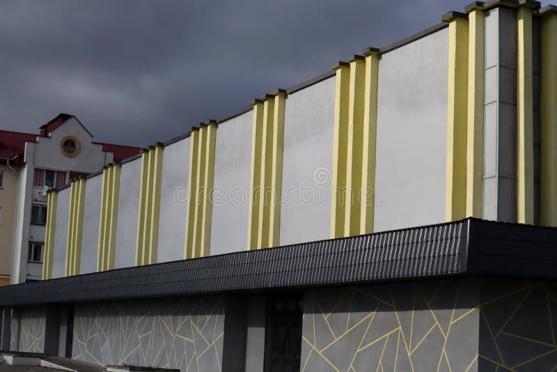 Shop Building, Decorated in Gray-yellow Color Scheme, Side View Stock ...