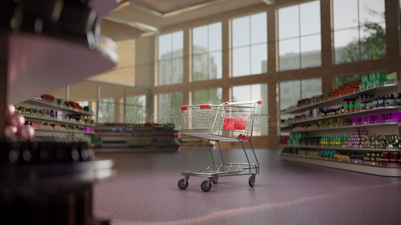 Shop and Empty Shopping Cart . 3d Render Stock Illustration ...